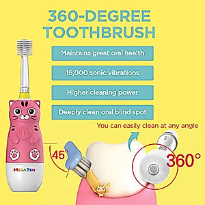 MEGA TEN 360-Degree Kids Electric Toothbrush Made in Korea | LED Light & Soft Microfiber Bristles & Comfortable Grip | Fun & Easy Brushing for Kids 12-48 Months | Built-in Timer | BPA Free | Pink Cat