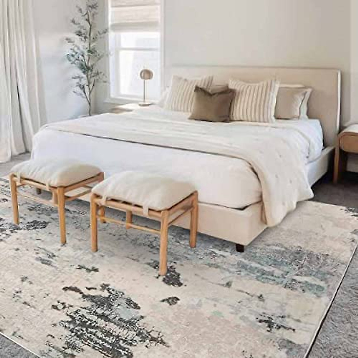 ASIinnsy Mordern Abstract Rug Distressed Faux Wool Non-Slip Area Rug for Living Room Bedroom Carpet Indoor Home Rug Floor Mat (Grey Beige/Green, 5.2' x6.5')