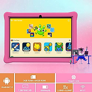 HOTTABLET 10 inch Tablet for Kids 3GB RAM 64GB ROM Kids Tablet, Android 12 Tablet with Case, Toddler Tablet PC WiFi, Parental Control, Dual Camera, Educational Tablets with Silicone Case (Pink)