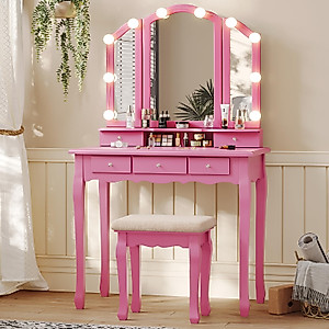 Tiptiper Vanity Desk with Tri-Fold Mirror and Lights, Makeup Vanity with Wood Upholstered Stool, Vanity Table with 5 Drawers & 8 Jewelry Hooks, Small Vanity, Pink