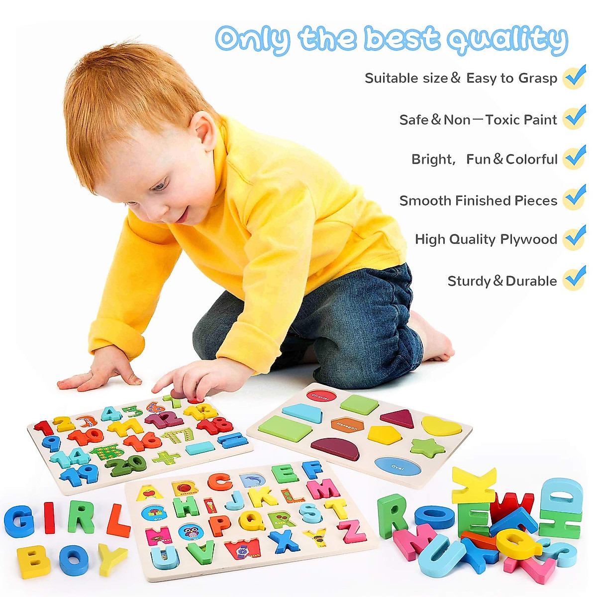 Wooden Puzzles for Toddlers, Kesletney Wooden Alphabet Number Shape Learning Puzzles for Kids, 3 in 1 Montessori Preschool Educational Toys for Boys Girls Ages 3 4 5 Years Old
