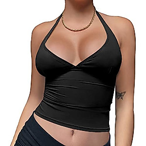 HOTOLP Halter Crop Tops for Women Sexy Deep V Neck Backless Going Out Tops Sleeveless Tie Back Cami Y2k Workout Tank Top (L Black)