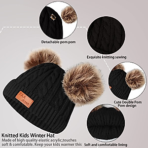 Kids Winter Beanie Hat Scarf Gloves Set, Toddlers Knit Winter Warm Double Pompom Cap Scarf Gloves for 1-5 Years Old (Black)