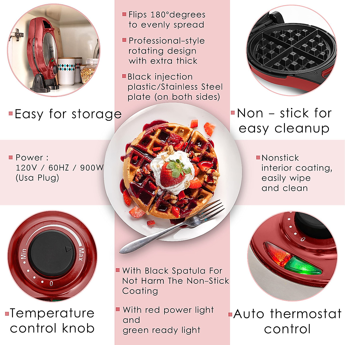 Moss & Stone Red Belgian Waffle Maker, Electric Waffle Machine, Flips & Non-Stick Grids, Temperature Control, Round Waffle