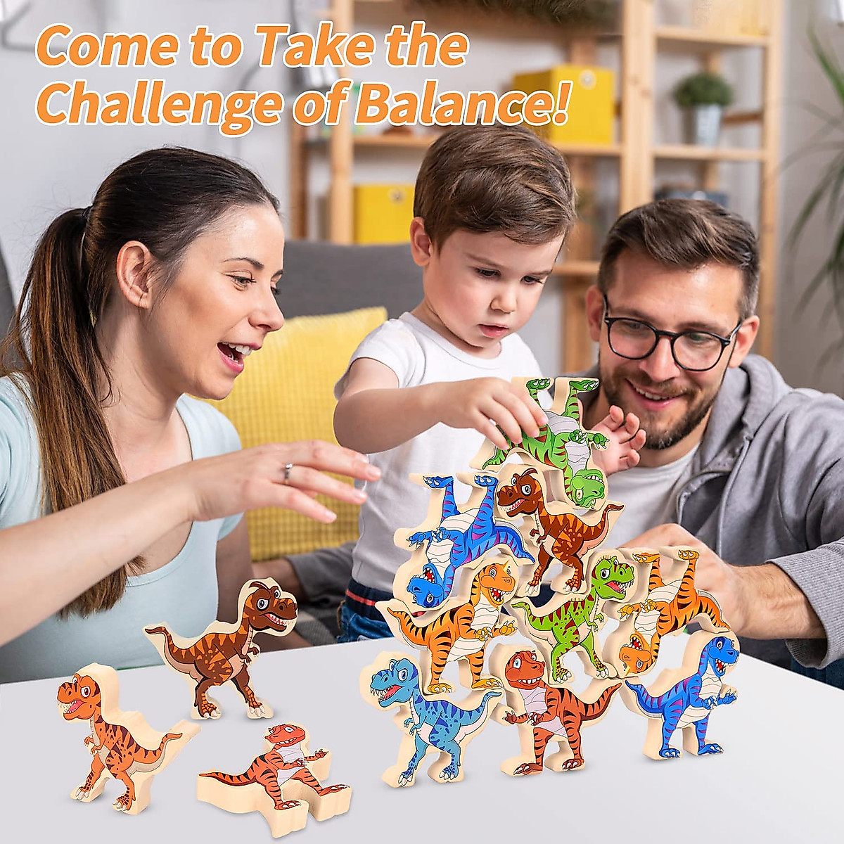 ACOUCB Wooden Dinosaur Stacking Toys for Kids 3-7, 16pcs Large Sensory Montessori Toys, Balance Competition Game Building Toys, Easter Basket Stuffers, Birthday Gift for Boys Girls