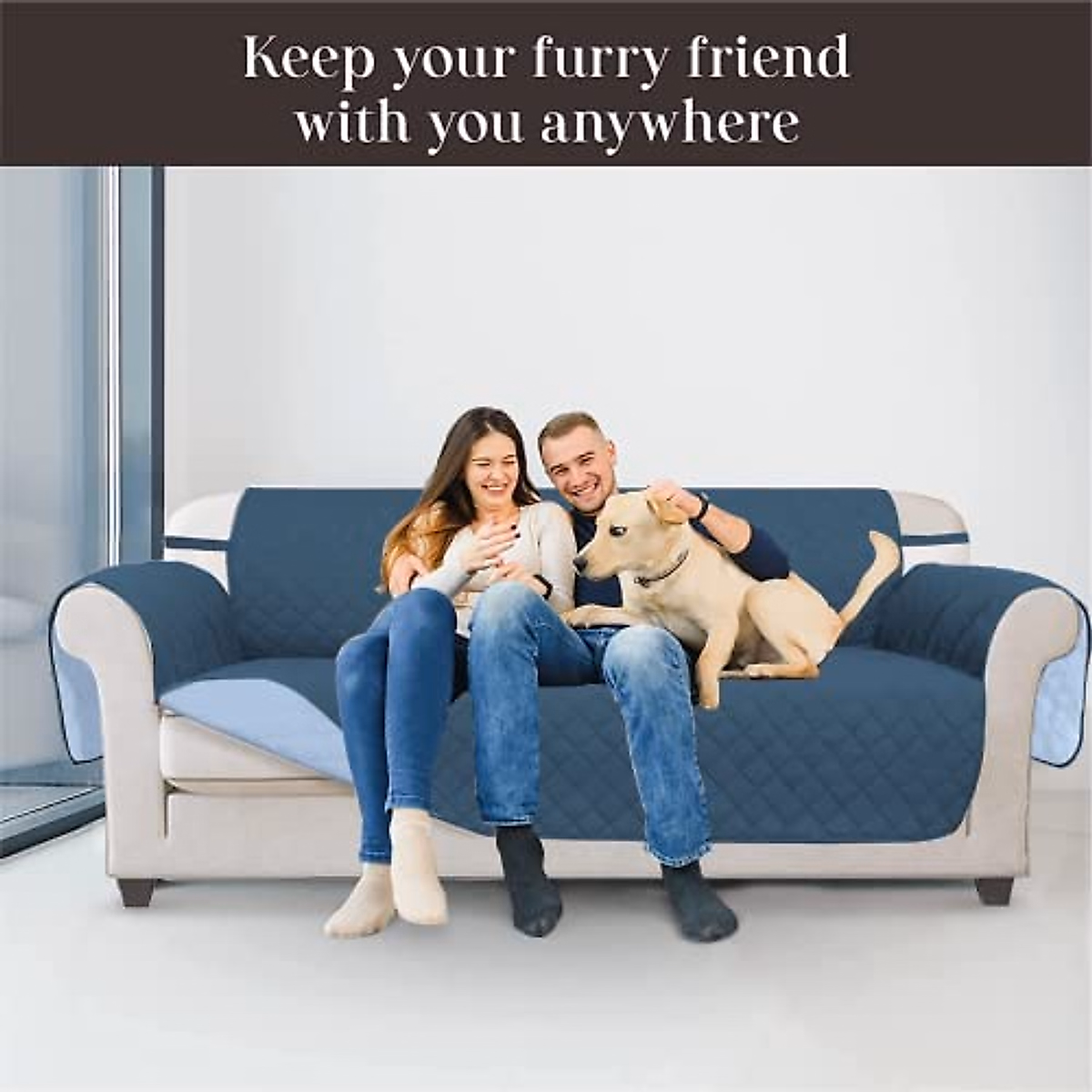 VANELUX Reversible Washable Sofa Slipcover Soft Quilted Water Resistant Couch Cover with Non Slip Foam and Elastic Straps Protector for Pets, Cats, Dogs, Kids(Blue/Light Blue, 4 Seater Sofa 88")