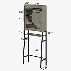 Over The Toilet Storage Cabinet, Storage Cabinet Over Toilet with Sliding Door & Toilet Paper Holder Stand, Freestanding Toilet Shelf Washer Shelf Space Saver Wood Cabinet with Metal Stand, Grey
