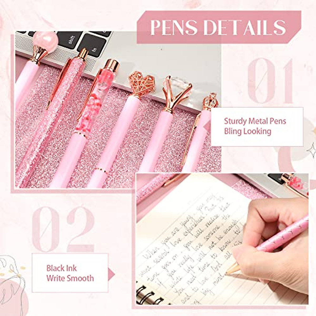 9 Pcs Ballpoint Pens Set Metal Crystal Diamond Pen Liquid Sand Glitter Pen for Journaling Black Ink Pretty Cute Pens Fancy Pens Gifts for Women Girls School Wedding Office Desk Supplies (Pink)