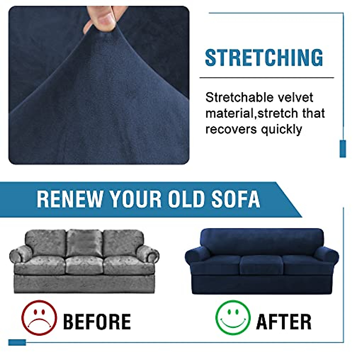 H.VERSAILTEX Sofa Cover 4 Piece T Cushion Sofa Slipcovers Thick Velvet Couch Cover Furniture Protector Stretch T Cushion Sofa Covers for 3 Cushion Couch with 3 Individual T Cushion Covers, Navy