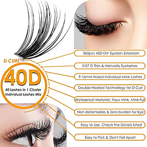 Lash Clusters, Eyelash Clusters D Curl, Cluster Eyelash Extensions, 260pcs 40D Individual Lashes, Diy Lash Extensions, Wispy Cluster Lashes, (40D-0.07D-9-16mm mix)