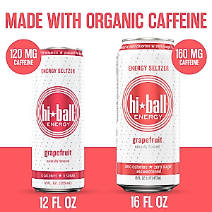 Hiball Energy Seltzer Water, Caffeinated Sparkling Water Made with Vitamin B12 and Vitamin B6, Sugar Free (4 pack of 12 Fl Oz), Grapefruit