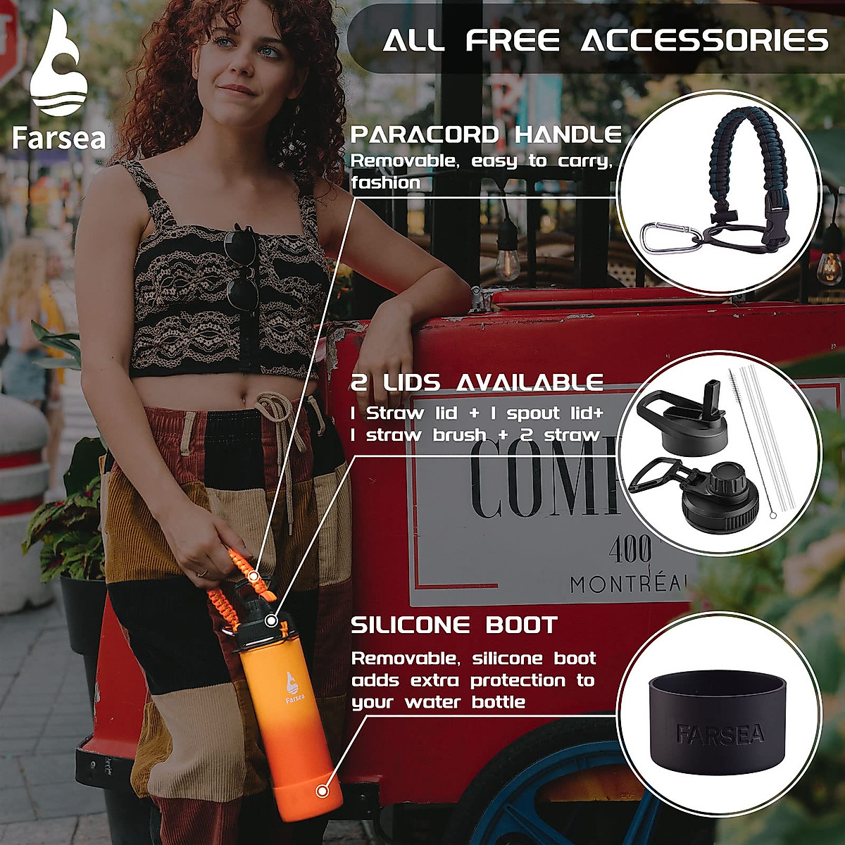 Farsea Insulated Water Bottle With Paracord Handle, Protective Silicone Boot and 2 Lids (Straw Lid & Spout Lid), Stainless Steel Water Bottle Wide Mouth, Double Wall Sweat-Proof BPA-Free, 18 oz