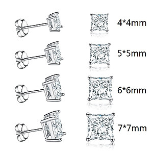 4 Pairs 925 Sterling Silver Square Stud Earring Set, 18K White Gold Plated Princess Cut Clear Cubic Zirconia Hypoallergenic Earrings Pack for Women and Men