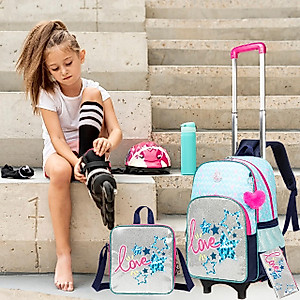 Egchescebo Kids Rolling Backpack for Girls Suitcases Trolley Backpacks with Wheels Roller Luggage Backpack on Wheels with Lunch Box Pencil Case for Elementary Girls Travel School Bag Aged 6-15 Blue