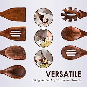 Black Walnut Kitchen Utensils Set - 7 Pcs Dark Wooden Cooking Utensils, 13.6” Long Handle Natural Walnut Wood Flat Spatula, Slotted Turner, Soup Ladle, Skimmer, Pasta Server, Corner Spoons for Cooking