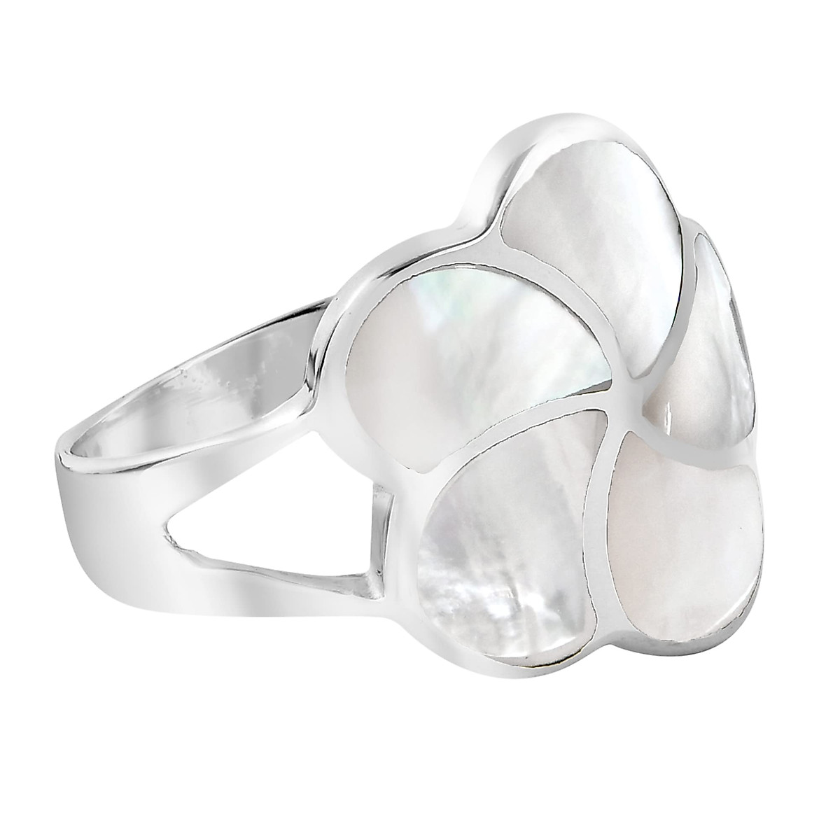 AeraVida Hawaiian Plumeria Flower White Mother of Pearl Inlay .925 Sterling Silver Ring