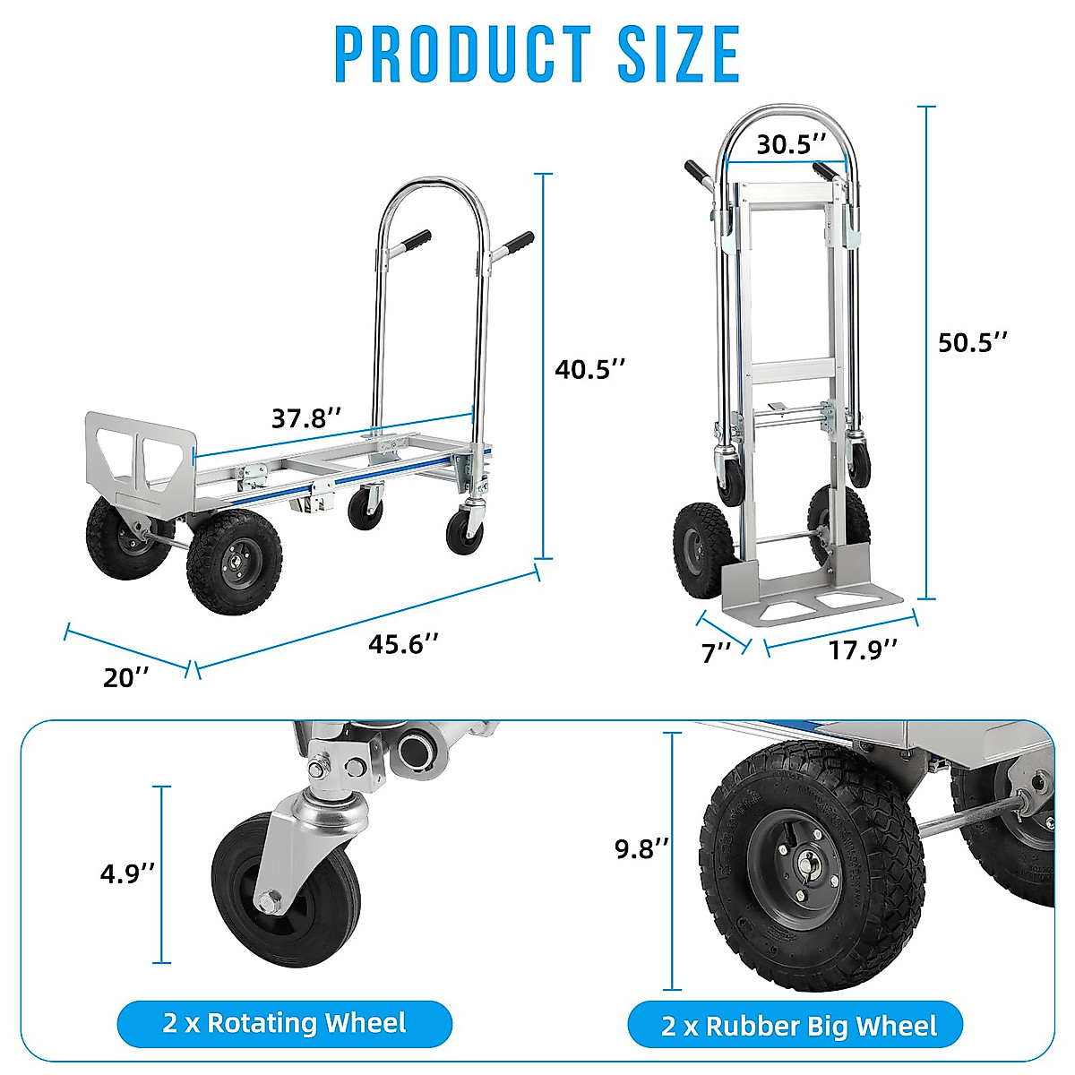 GarveeTech Convertible Hand Truck Dolly Platform Cart, Heavy Duty Industrial Collapsible Cart, Aluminum Dolly Cart with 2 Rubber Wheels & 2 Rotate Wheels for Luggage Moving Warehouse Supermarket