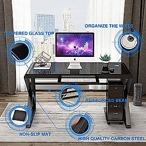 BINGTOO Computer Desk Glass Top Metal Frame, 55.1" Home Office Desks & Workstation Modern Office Writing Gaming Study Work Glass Computer Table Desk