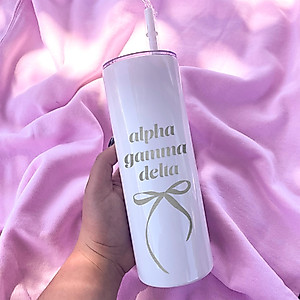 Go Greek Chic Alpha Gamma Delta Coquette Bow Tumbler with Straw - White