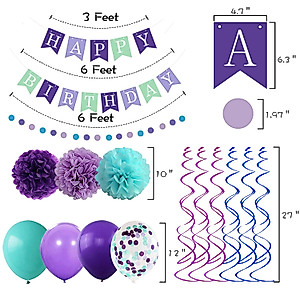 Mermaid Birthday Decorations for Girls Women, 29pcs Birthday Party Supplies Including Pom Poms Flowers Happy Birthday Banner Dots Garland Hanging Swirls and Balloons Purple Teal Confetti