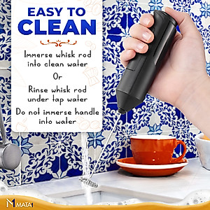 Milk Frother for Coffee, Handheld Drink Mixer Electric Whisk with Stand, Mini Stirrer Wand Cappuccino, Frappe, Matcha, Hot Chocolate Foam Maker, Black, by Mata1-USA