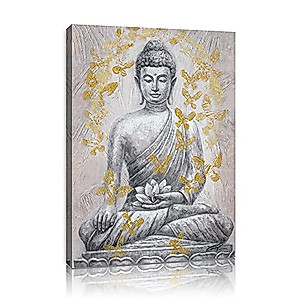 Buddha Canvas Wall Art Gold-foil: Zen Statue Textured Print with Lotus Flower for Buddhism Prayer Wall Decor Inspirational Posters for Spa Yoga Room Decorations Framed Ready to Hang 12"x16"