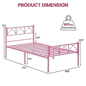 GAOMON Modern Stylish Iron Bed Frame with Headborad & Footboard,Firm Support Structure, Metal Platform Bed Frame, No Box Spring Needed, Under Bed Storage, Simple Assembly(Pink,Twin)