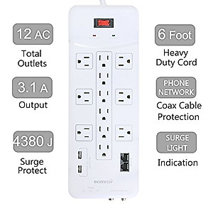 OviiTech 12 Outlet All-In-One Mountable Surge Protector Power Strip with2 USB Charging Ports(3.1A Total and Phone/Ethernet/Coax Protection,6 Foot Heavy Duty Extension Cord,4380 Joules,White,ETL Listed