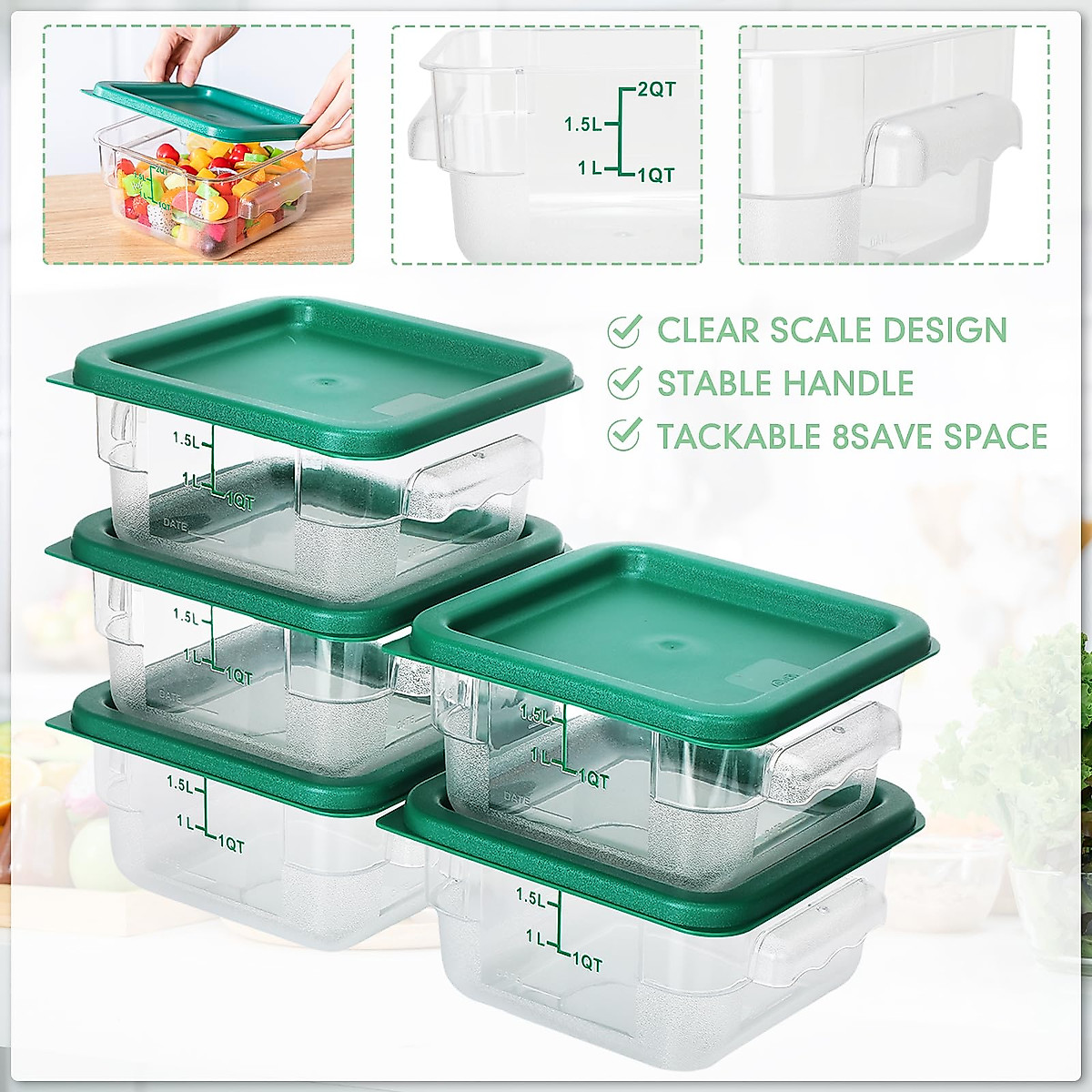 Lallisa 8 Pcs 2 Quart Food Storage Containers with Lids Clear Square Polycarbonate Marinating Container Dough Bucket with Lid(Green)