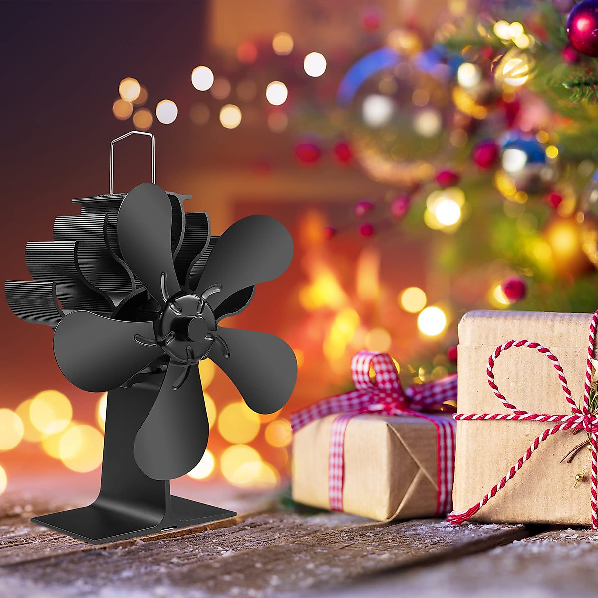 PYBBO Wood Stove Fan 5 Blades, Heat Powered Fireplace Fans Eco Fan for Home Wood/Log Burner Stove, Motors Quiet Motors Operation Circulating Warm Air with Magnetic Thermometer, Wood Stove Accessories