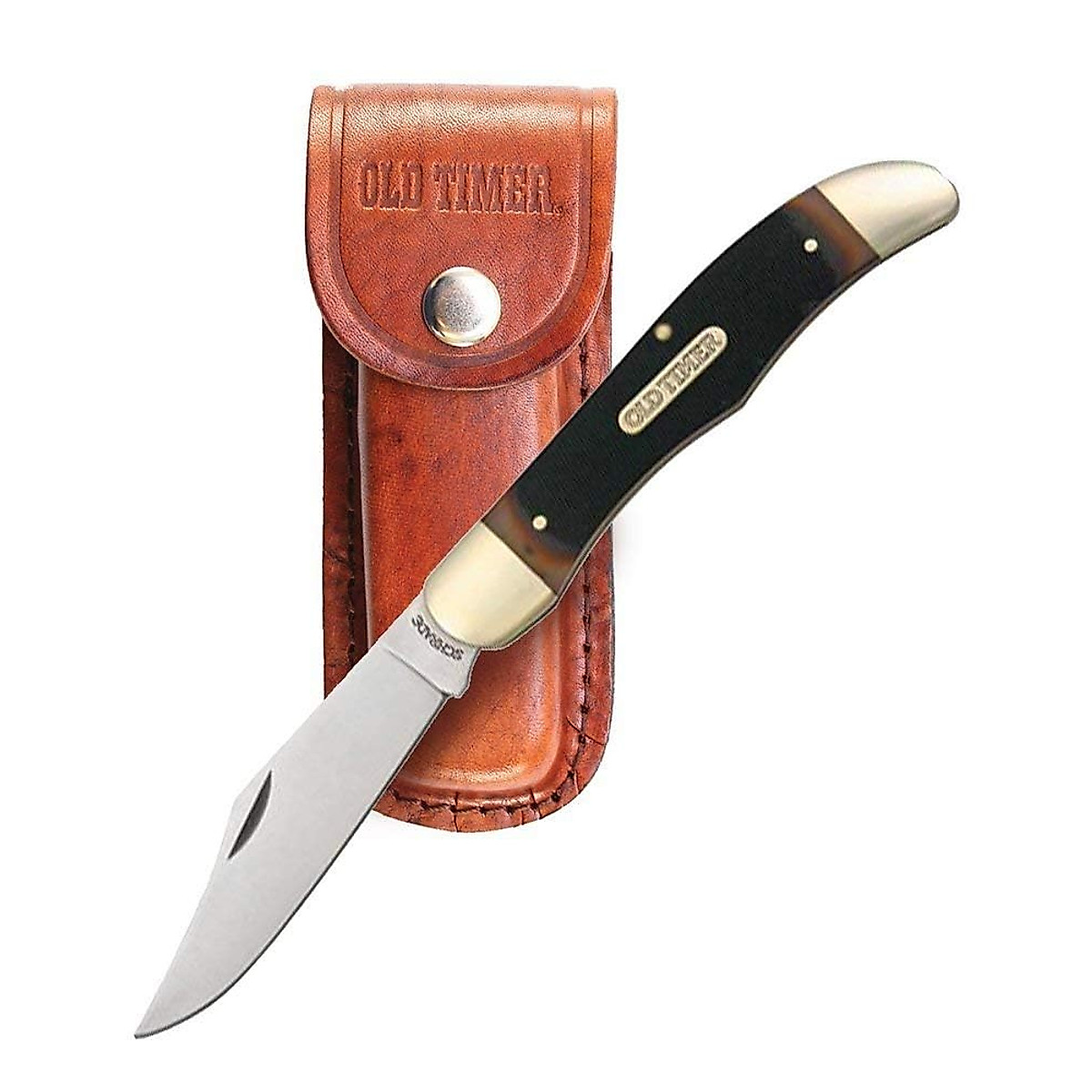 Old Timer 125OT Mustang 9.3in Traditional Folding Pocket Knife with 1 High Carbon Stainless Steel Blade, Ergonomic Sawcut Handle, and Leather Sheath for EDC, Hunting, Camping, Whittling, and Outdoors