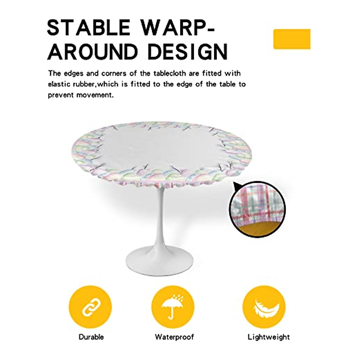 Easter Egg Round Tablecloth Fitted Table Cover,Elastic Tablecloths Waterproof Outdoor Indoor Stretch Cloth Tablecover for Dinner,Colored Egg Spring Holiday Cotton Pink Purple Buffalo Plaid 45-54IN