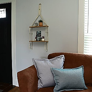 Macrame Bamboo Shelf with Sea Glass for Wall Hanging -2 Tier w/Beads - Unique Woven Boho Home Organizer Decor, Floating Storage for Small Plants, Handmade Cotton Rope-Bedroom, Living Room, Bathroom