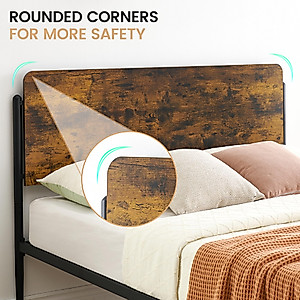 IDEALHOUSE Full Size Metal Bed Frame with Wooden Headboard and Footboard, Platform Full Bed Frame with Under Bed Storage, Strong Metal Slat Support, No Box Spring Needed, Brown