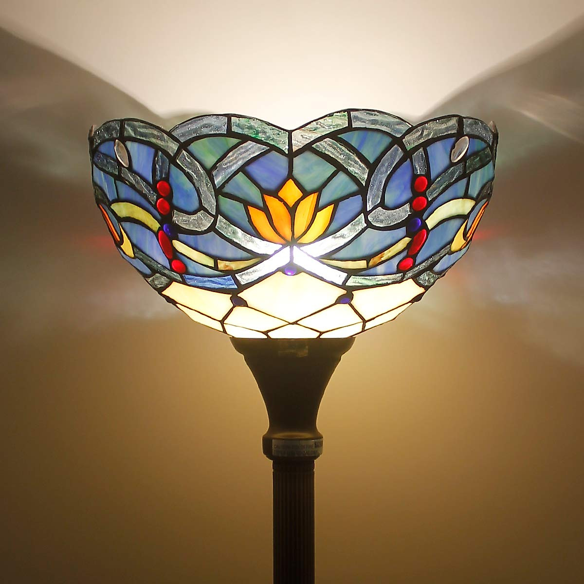 WERFACTORY Tiffany Floor Lamp Blue Lotus Flower Stained Glass Light 12X12X66 Inches Pole Torchiere Standing Corner Torch Uplight Decor Bedroom Living Room Home Office S220 Series