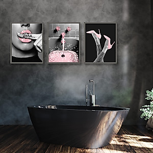 Luodroduo Fashion Wall Art Bathroom Decor Prints Set of 6 Pink Glam Glitter Tissue Canvas Posters Pictures Photos Bathroom Artwork Wall Black and White Modern Women Funny Bathroom (8"x10" UNFRAMED)
