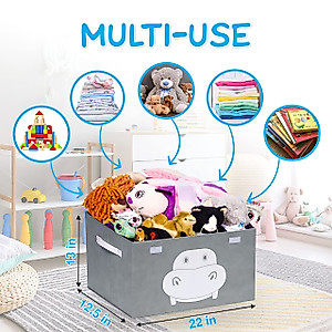 QUOKKA Hippo Toy Storage Box for Boys and Girls - 16x12x10 Toy Chest Organizer for Kids - | Collapsible | Handles | Flip-Top Lids | - Fabric Foldable Bin for Playroom - Nursery Room Organization