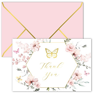 Gooji 4x6 Butterfly Dream Thank You Cards with Envelopes (Bulk 20-Pack) Baby Shower, Bridal Shower, Wedding, Greeting, Blank Notes Business Box Assorted Stationary Pink Flowers