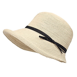 Womens Wide Brim Sun Hat,Elegant Structured Curved Fedora Floppy Beach Straw Hat, UPF50+ Beige