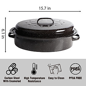 MorTime Granite Roasting Pan, 14.5" Enameled Oval Roaster Pot with Lid for Small Turkey, Chicken, Ham, Broiler Pan for Oven, Dishwasher