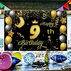 Sweet Happy 9th Birthday Backdrop Banner Poster 9 Birthday Party Decorations 9th Birthday Party Supplies 9th Photo Background for Girls,Boys,Women,Men - Black Gold 72.8 x 43.3 Inch