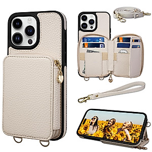 Keallce Compatible with iPhone 15 Pro Max 6.7 inch Case Wallet, Crossbody Zipper with RFID Blocking Card Slots Kickstand, Lanyard & Handstrap Flip Leather Cover for iPhone 15 Pro Max 2023, Beige