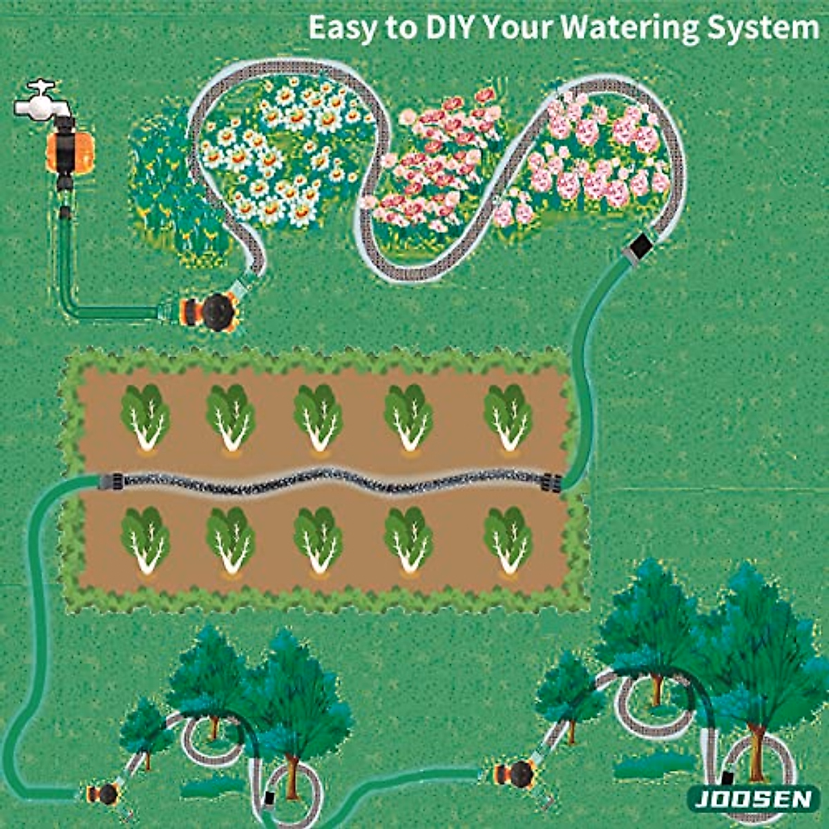 JOOSEN Soaker Hose 25ft 1/2" Flat Double Layer Consistent Drip Hose Saving 80% Water Leakproof Kink Free Vegetable Garden Hose