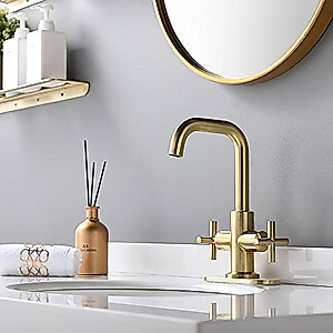 Phiestina Brushed Gold 2-Handle 4 Inch Centerset Bathroom Faucet with Drain,Deck Plate and Supply Hoses, Fit for 1 or 3 Hole, SGF002-10-BG