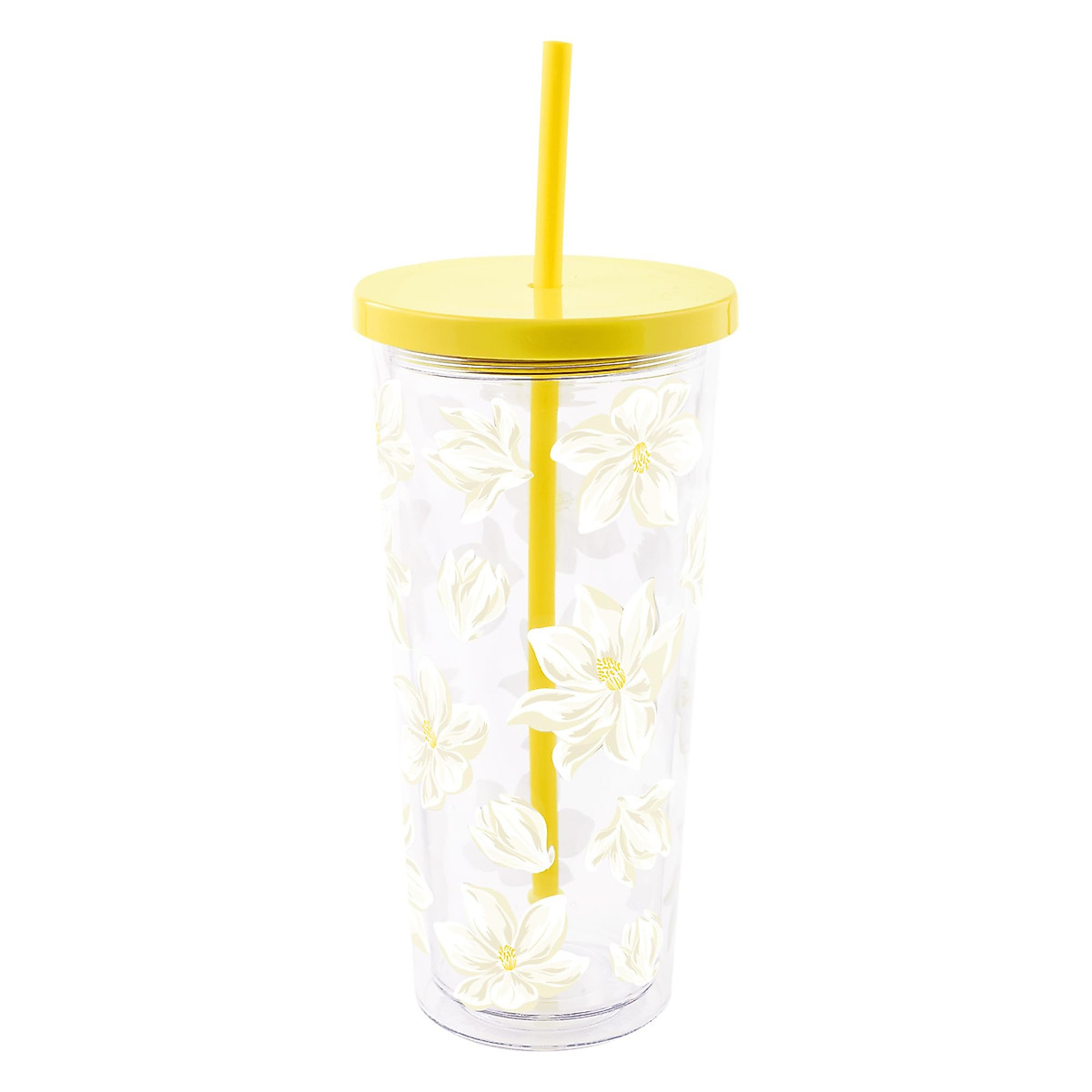Draper James Travel Tumbler with Lid and Straw, 24 Ounce Insulated Cup, Clear Floral Plastic Double Wall Tumbler, Magnolias