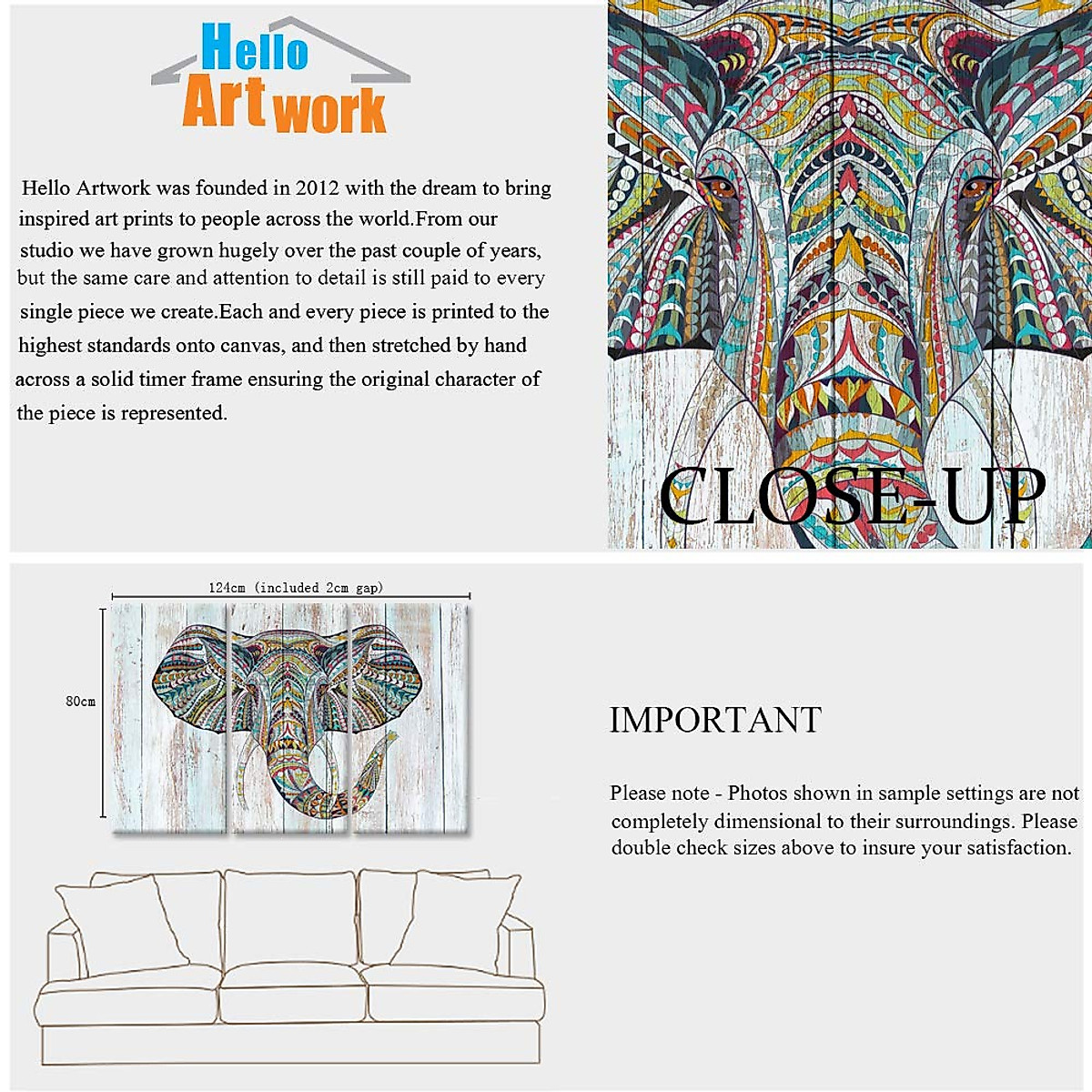 iHAPPYWALL 3 Pieces Animal Canvas Wall Art Tribal Elephant Boho Paisley Pattern Abstract Wildlife Artwork for Bedroom Living Room Stretched and Framed Ready to Hang 16x32inchx3pcs