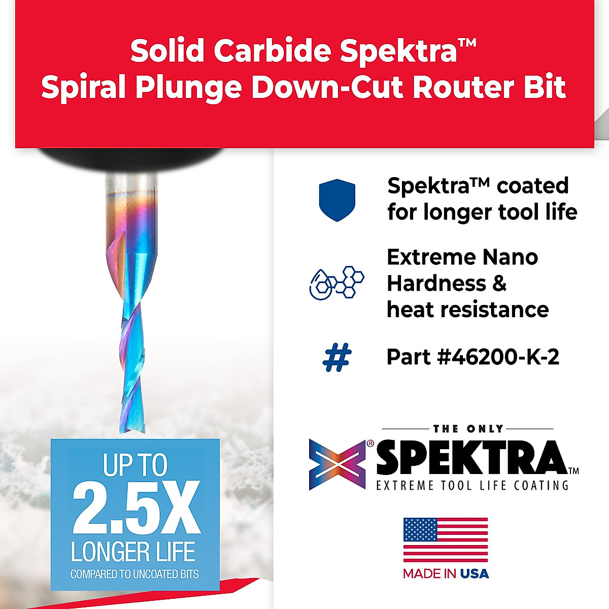 Amana Tool Solid Carbide Spektra Extreme Tool Life Spiral Plunge Router Bit Down-Cut, 46200-K-2, 1/8 Dia x 1/2 CH x 1/4 SHK 2 Inch L 2 Pack