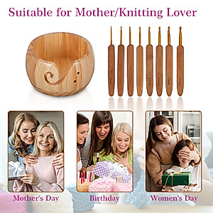Wooden Yarn Bowl with 8Pcs Metal Crochet Hooks, Knitting Yarn Bowl with Holes Storage Handmade to Prevent Slipping, Perfect Yarn Holder Bowl for Crocheting and Knitting Mother's Day Gift 5" x 3"