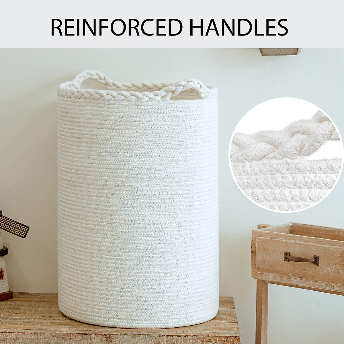 Homlikelan 58L Woven Laundry Basket,Cotton Tall Laundry Hamper for Blankets,Clothes,Pillows,Toys,Shoes Large Laundry Bin White