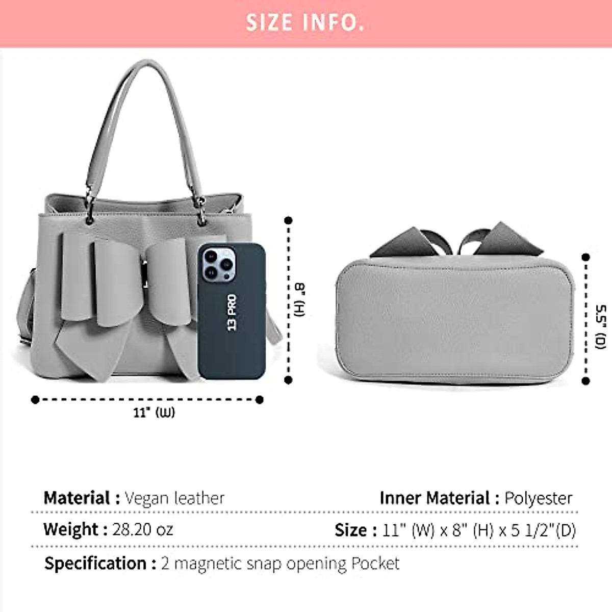Like Dreams Women Jenna Elegant Bow Triple Compartment Vegan Leather Fashionable Satchel Handbag (White)